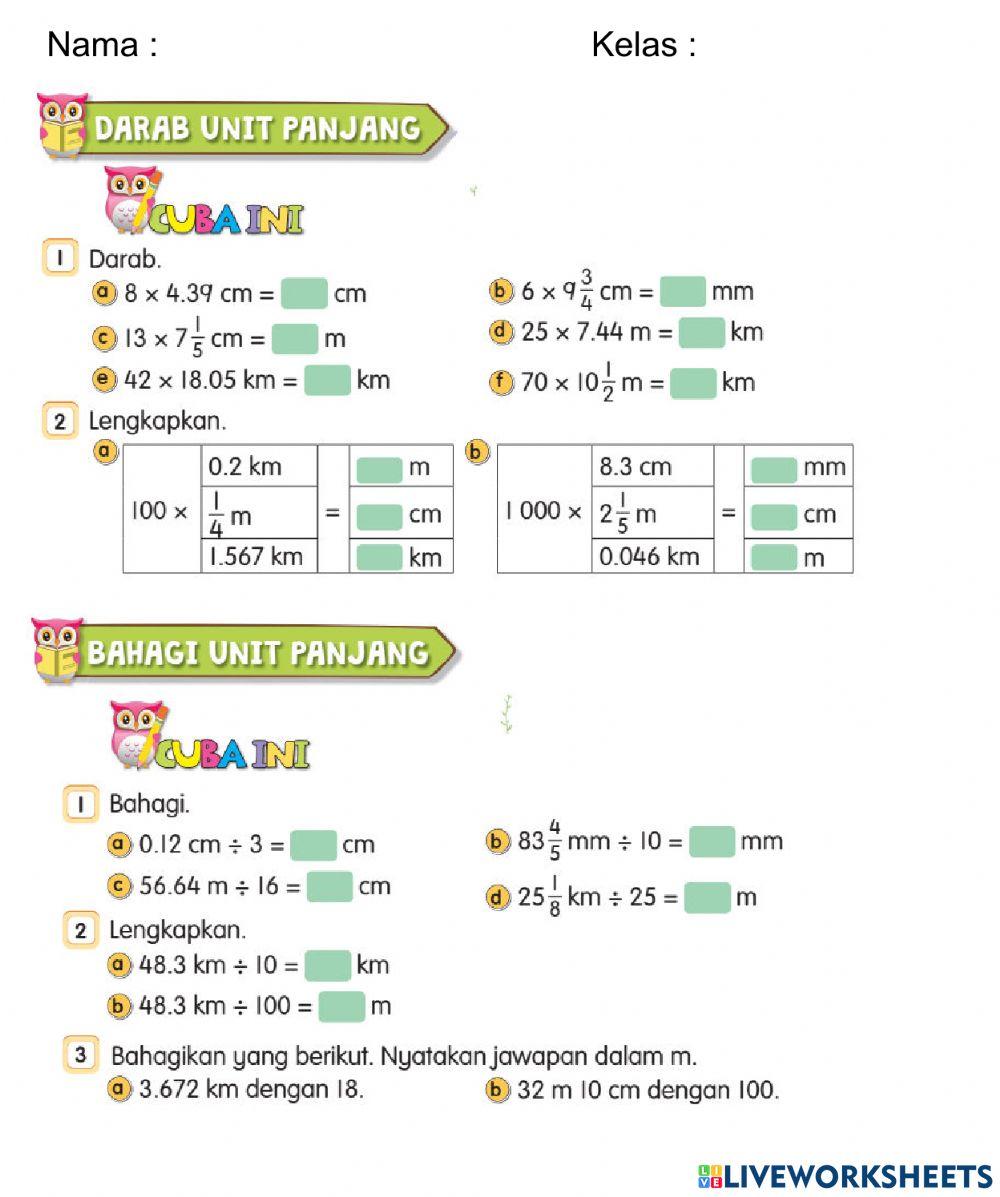 Matematik T5 MS186,188 Darab & Bahagi Unit Panjang worksheet | Live ...