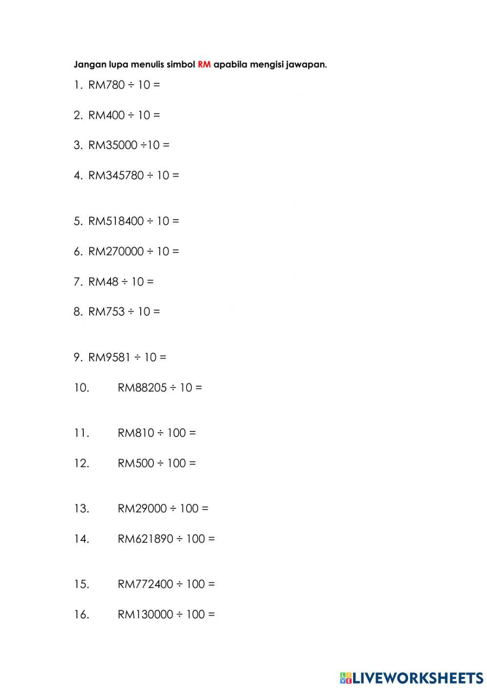 Bahagi wang 10 100 1000 worksheet | Live Worksheets
