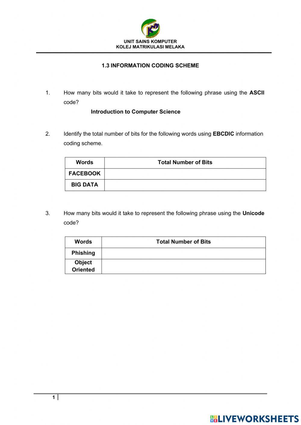1 3 Information Coding Scheme Worksheet Live Worksheets