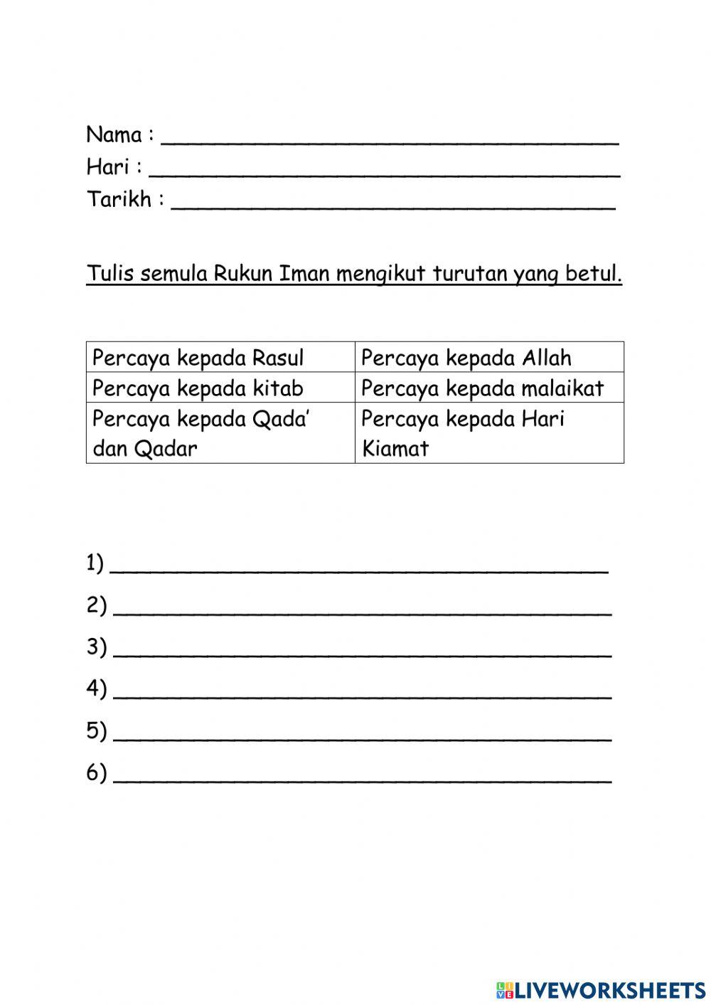 Rukun Iman 1233090 | rashidahasan | Live Worksheets
