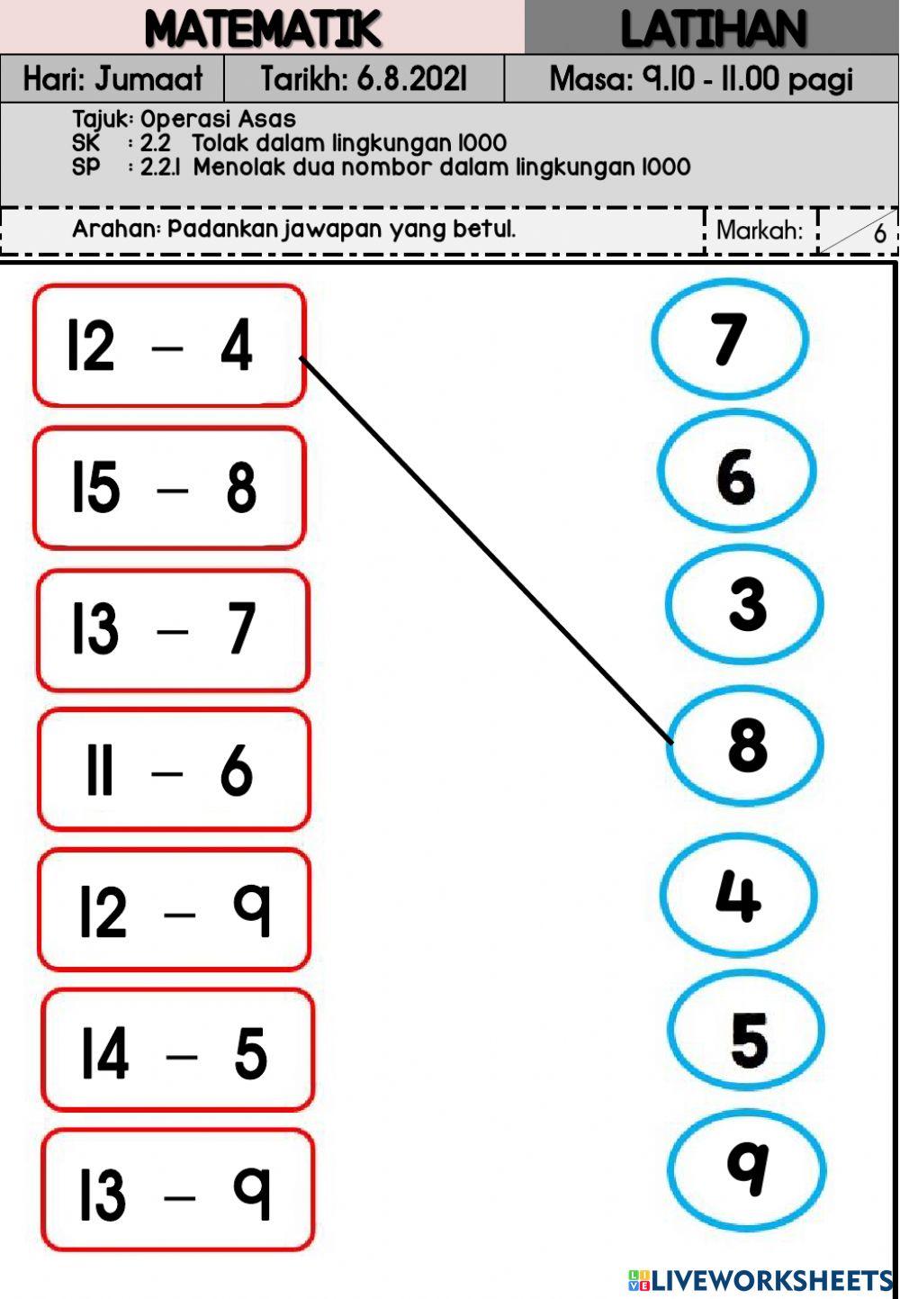 Latihan Tolak 2 | Free Interactive Worksheets | 1233273