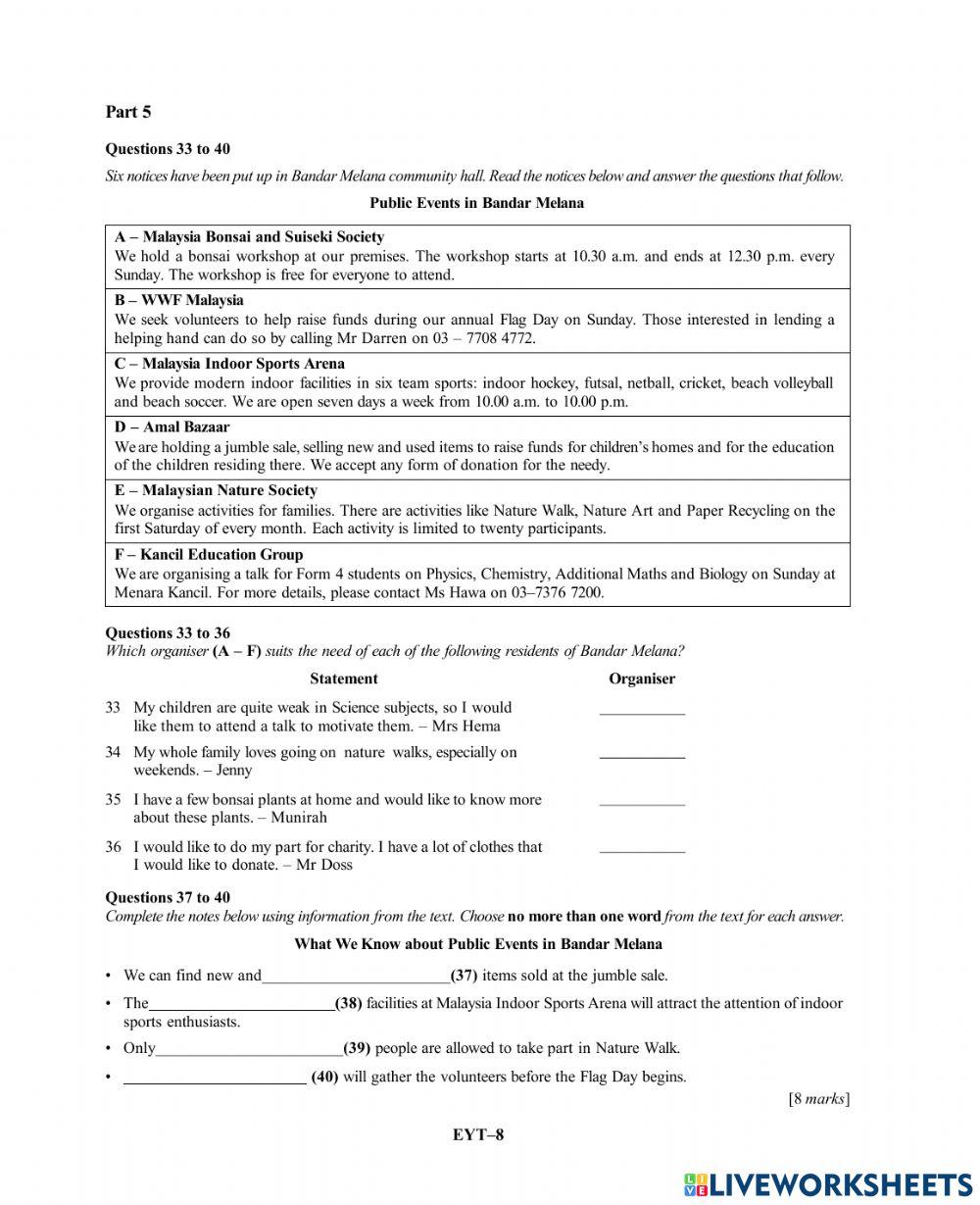 PBD ENGLISH UPPER FORM READING 0.1 online exercise for | Live Worksheets
