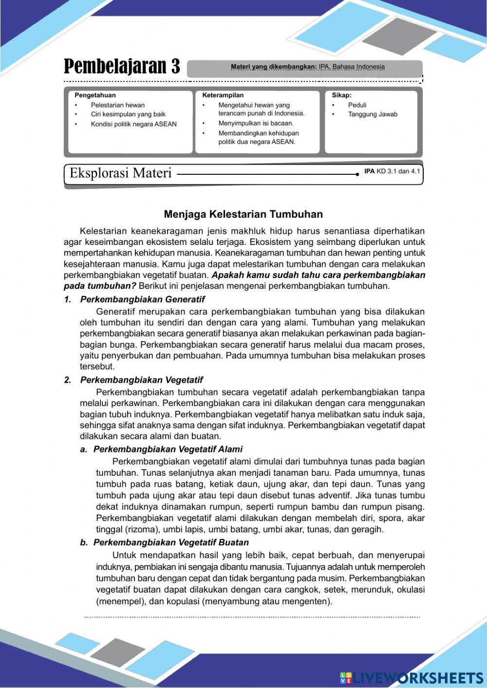 Tema 1 sub tema 3 pb 3 interactive worksheet | Live Worksheets