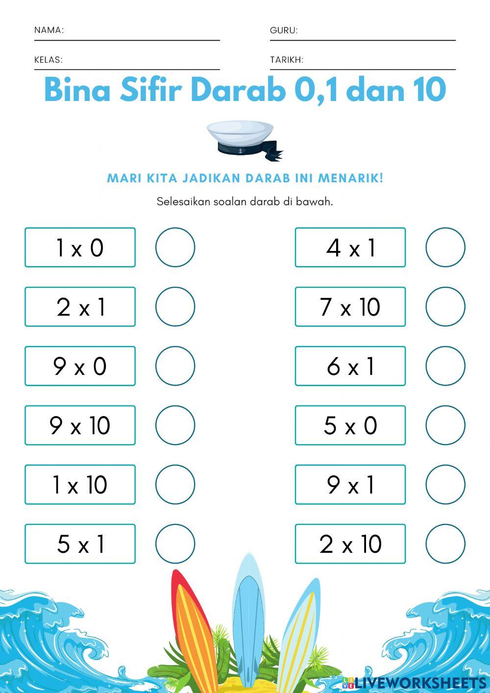 Bina Sifir Darab 1,0 dan 10 worksheet | Live Worksheets