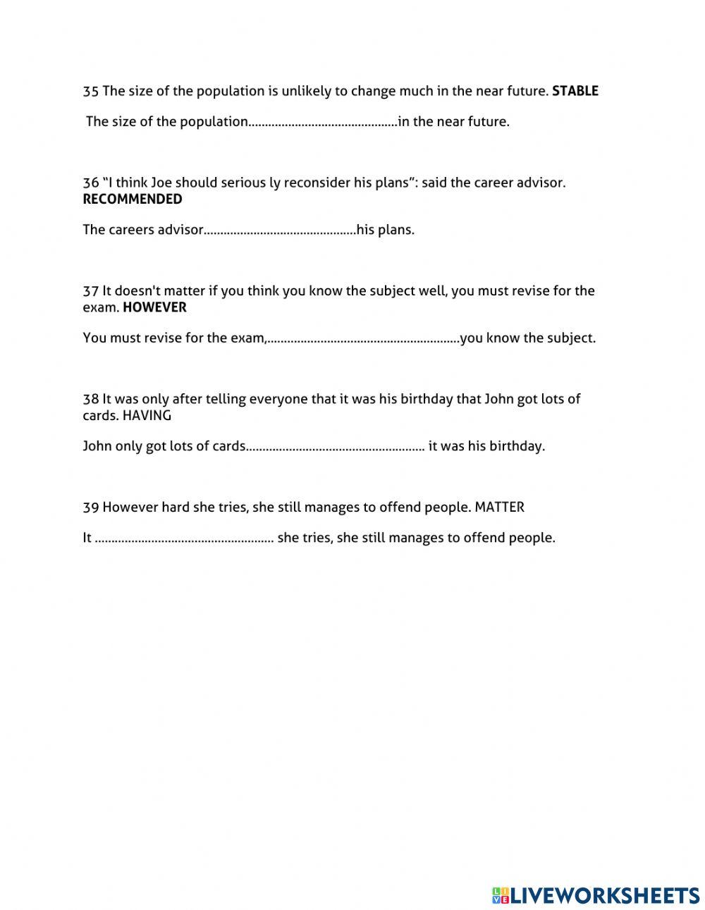 Key Word transformations - part 3 worksheet | Live Worksheets