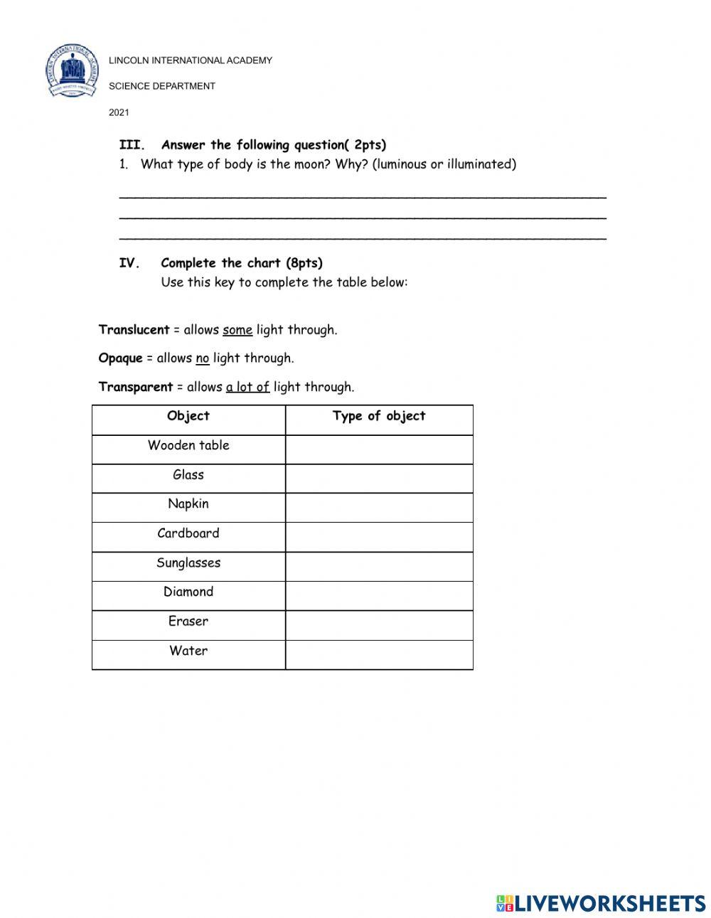 Light 10- Worksheet. worksheet | Live Worksheets
