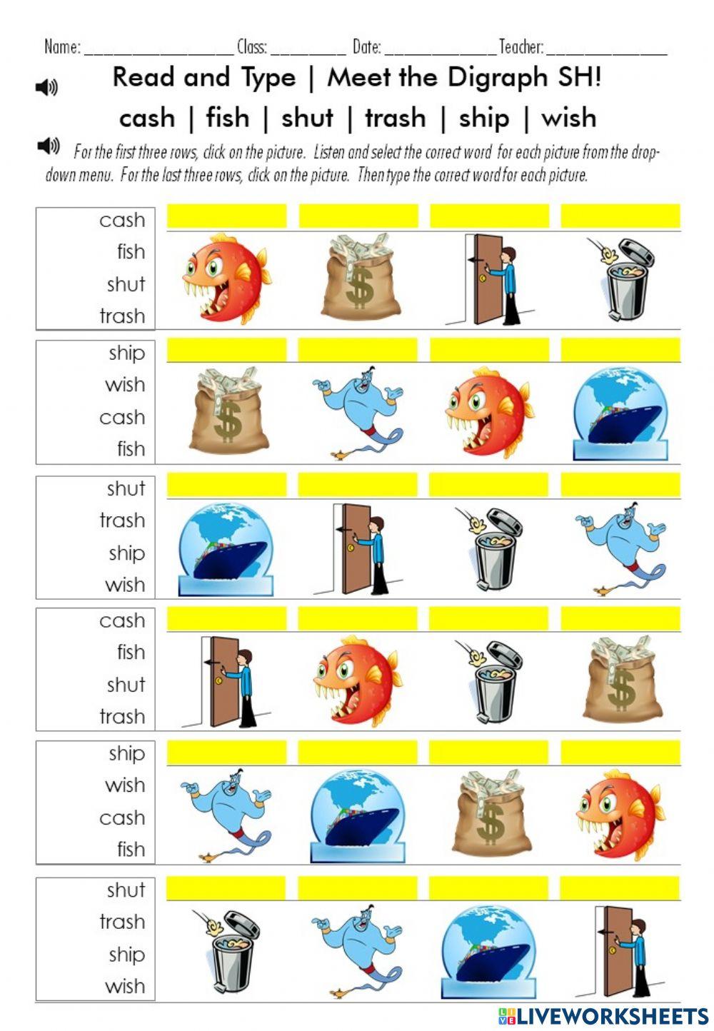 Read and Type - Meet the Digraph U! Words: cash - fish - shut - trash ...