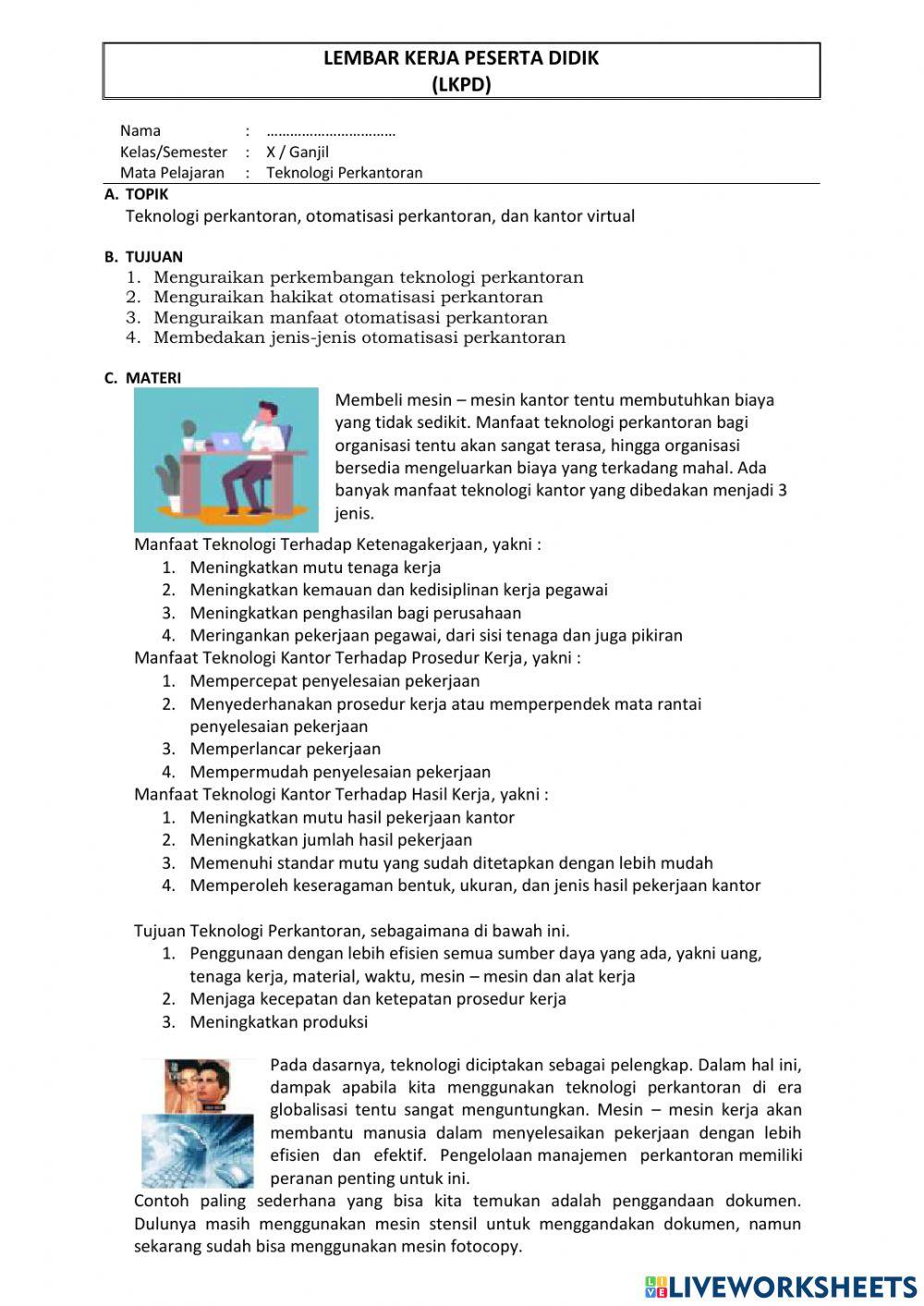 LKPD Teknologi Perkantoarn 1 worksheet | Live Worksheets