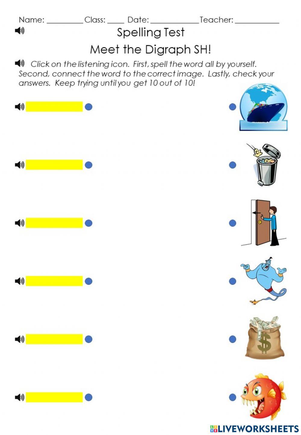 Spelling Test for Meet the Digraph SH! Words cash - fish - shut - trash ...