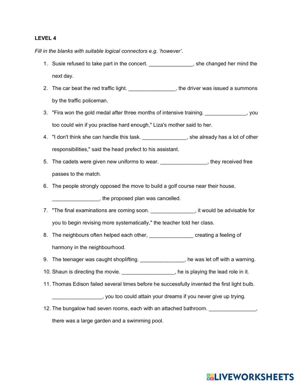 Sentence Connectors Level 3 - 4 online exercise for | Live Worksheets