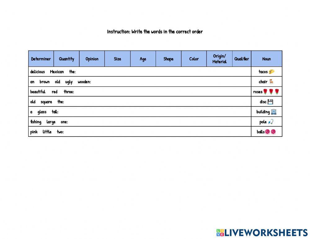 Adjectives Order | Live Worksheets