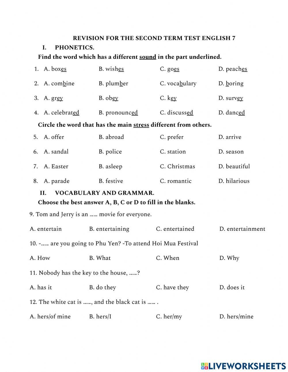 Revision for the second term - English 7 (2) worksheet | Live Worksheets