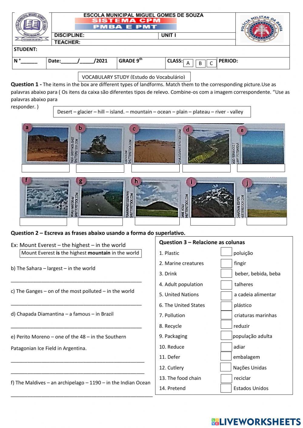 Landforms exercise for 9TH | Live Worksheets
