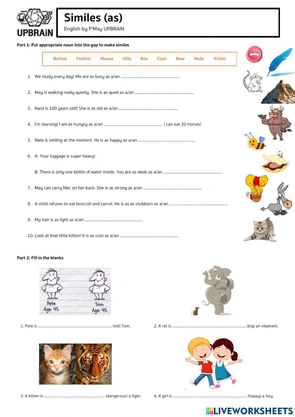 Similes by P'May UPBRAiN worksheet | Live Worksheets