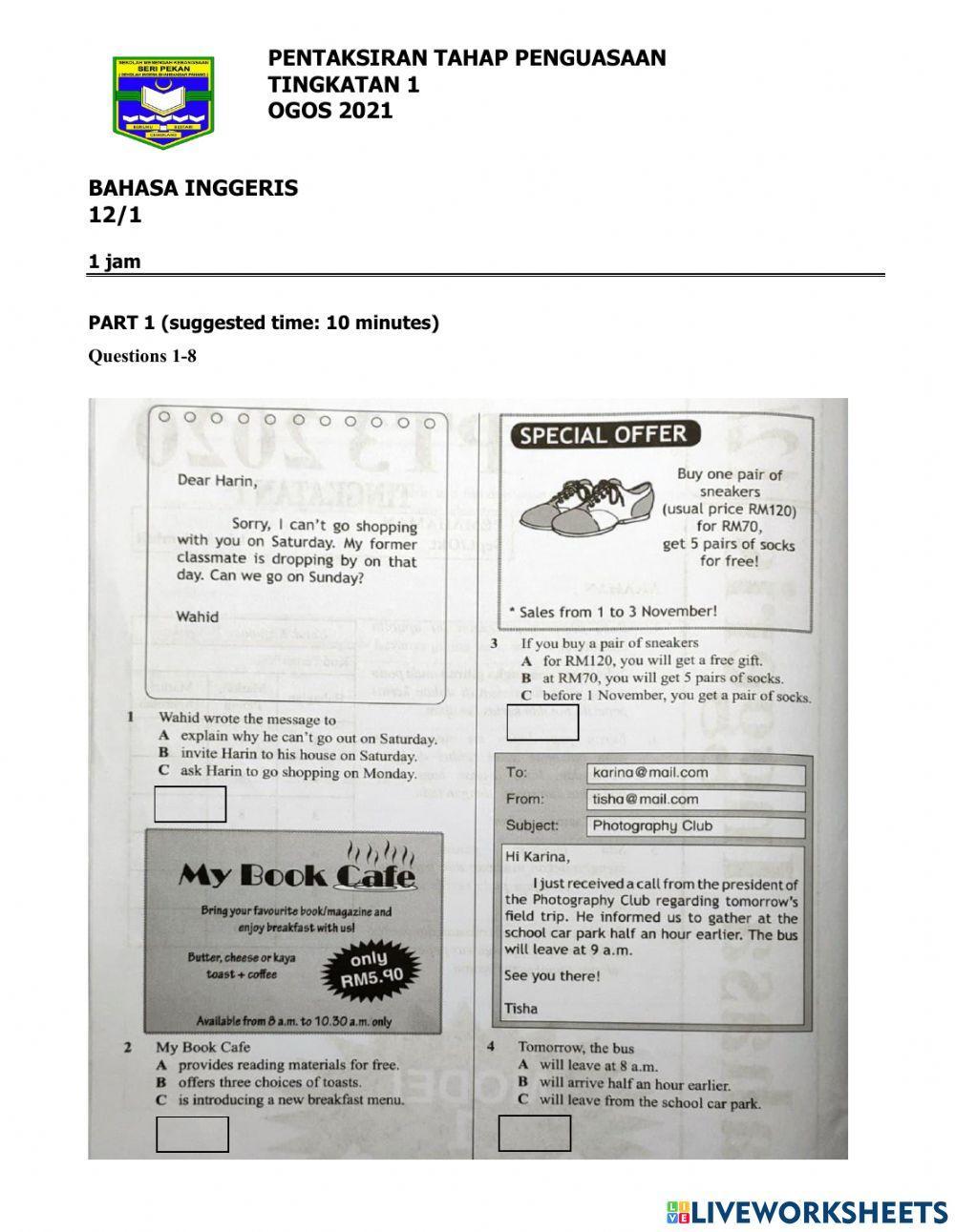 1237859 | Reading form 1 | Indah6569 | LiveWorksheets