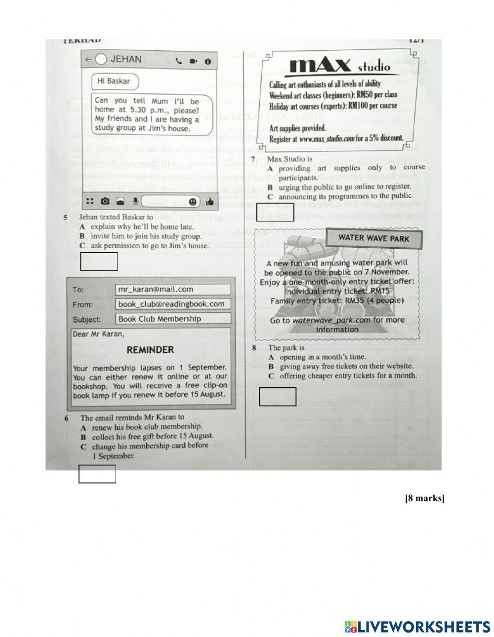 Reading form 1 | Free Interactive Worksheets | 1237859
