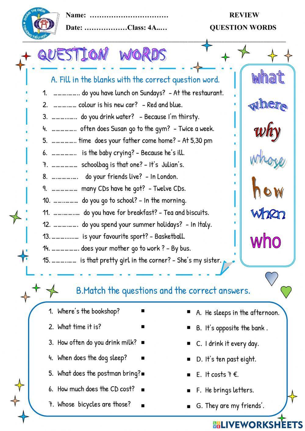Question words … | Free Interactive Worksheets | 6704134