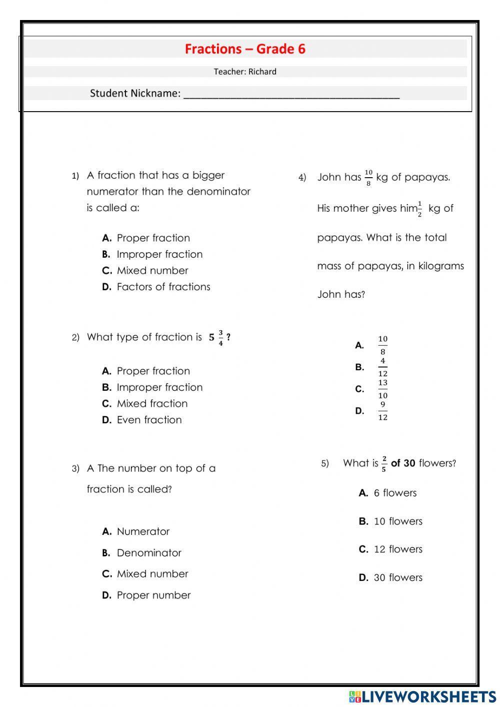Fractions online exercise for six | Live Worksheets