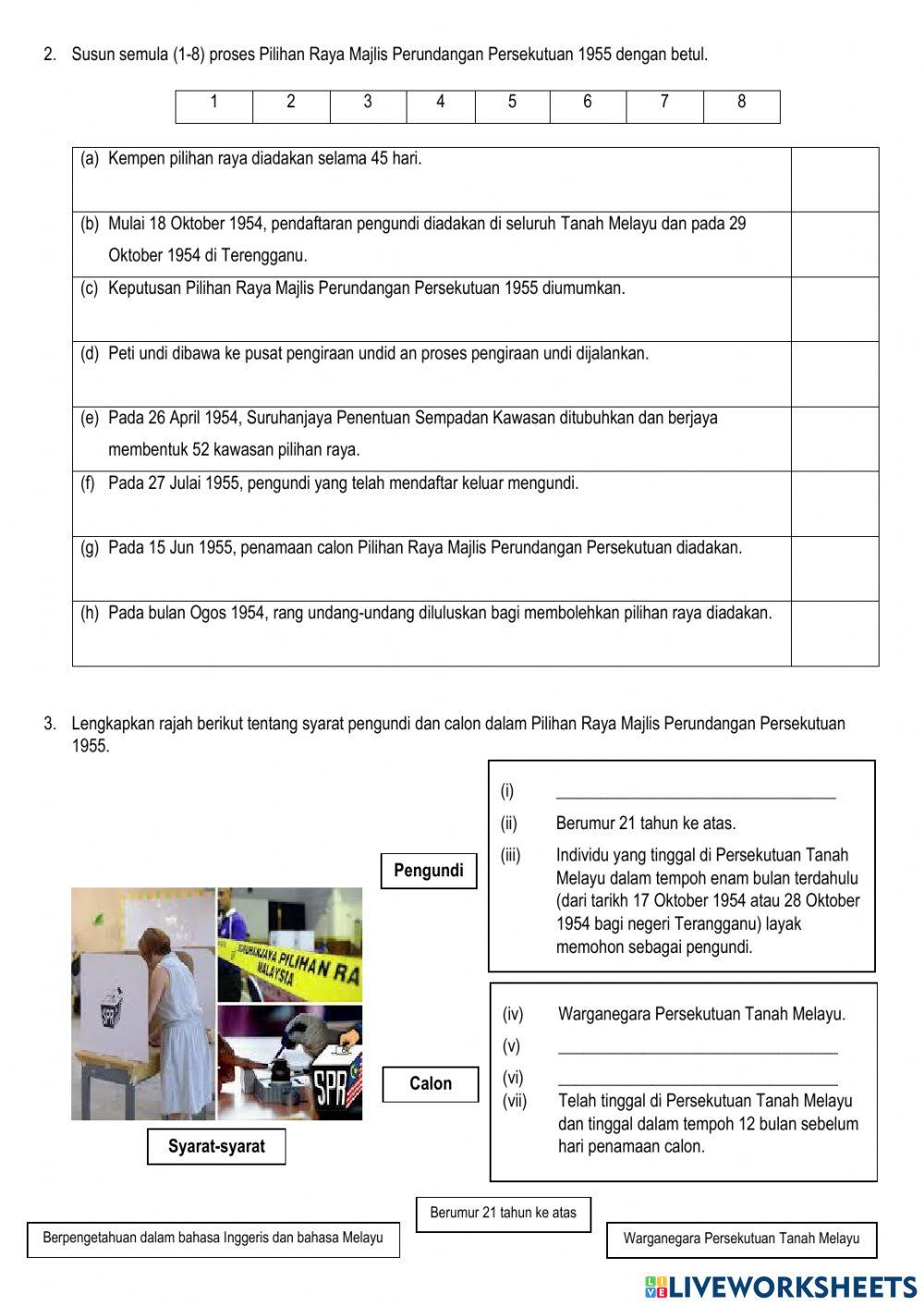 8.2 Proses Pilihan Raya Umum Pertama online exercise for | Live Worksheets