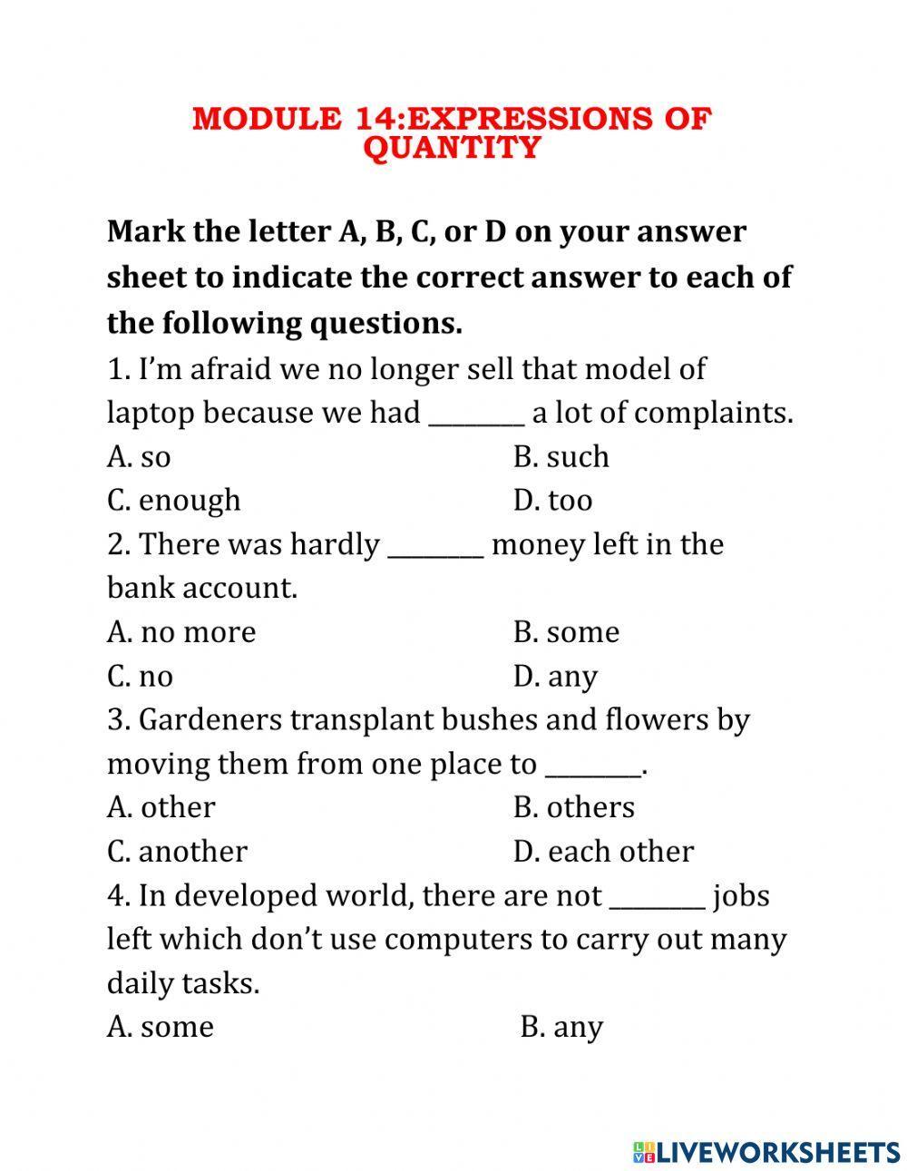 1225236 | MODULE 14:EXPRESSIONS OF QUANTITY