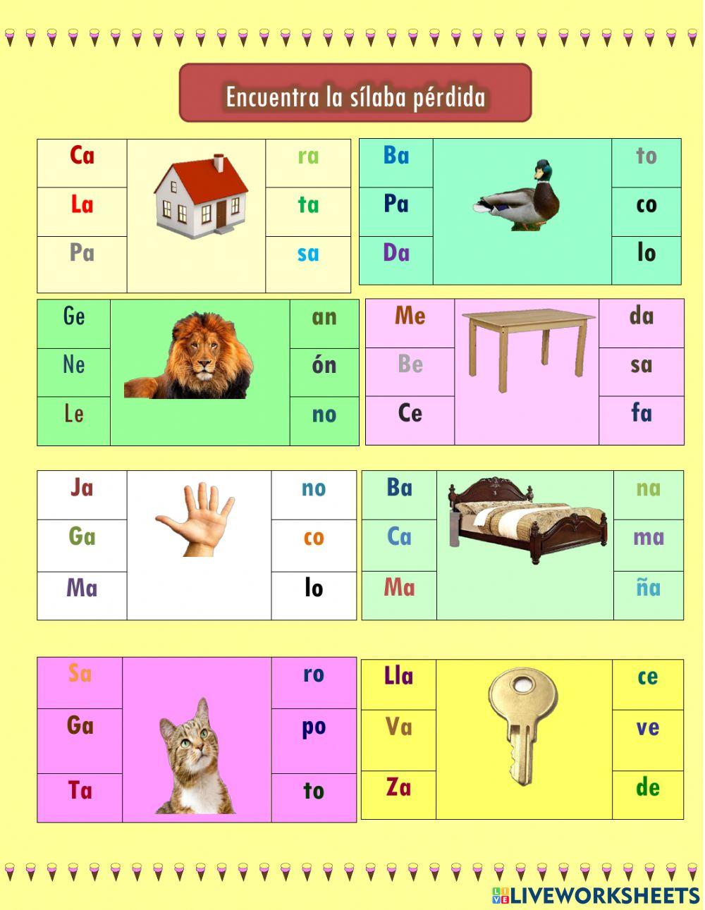 -Encuentra las sílabas pérdida- worksheet | Live Worksheets