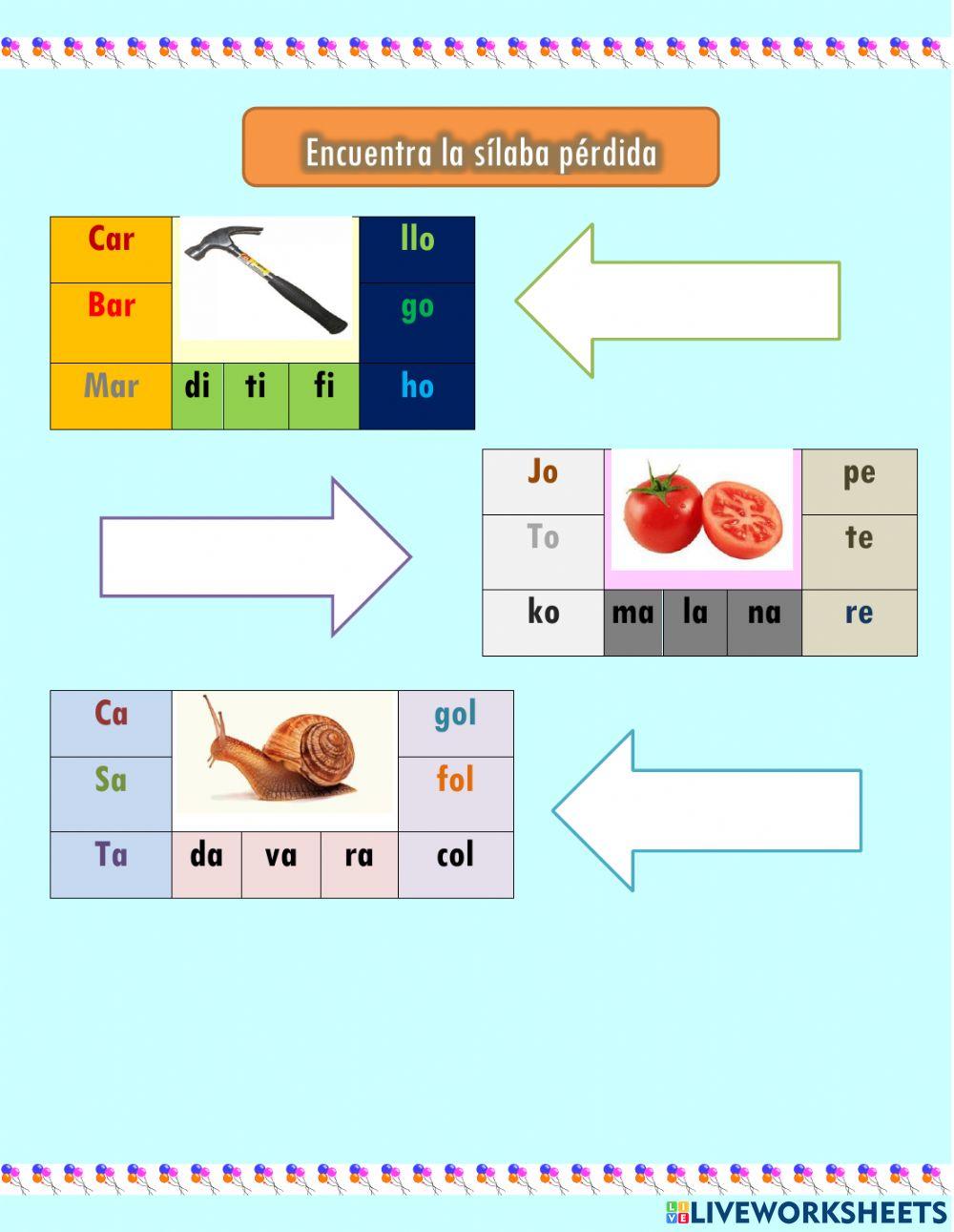 -Encuentra las sílabas pérdida- activity | Live Worksheets