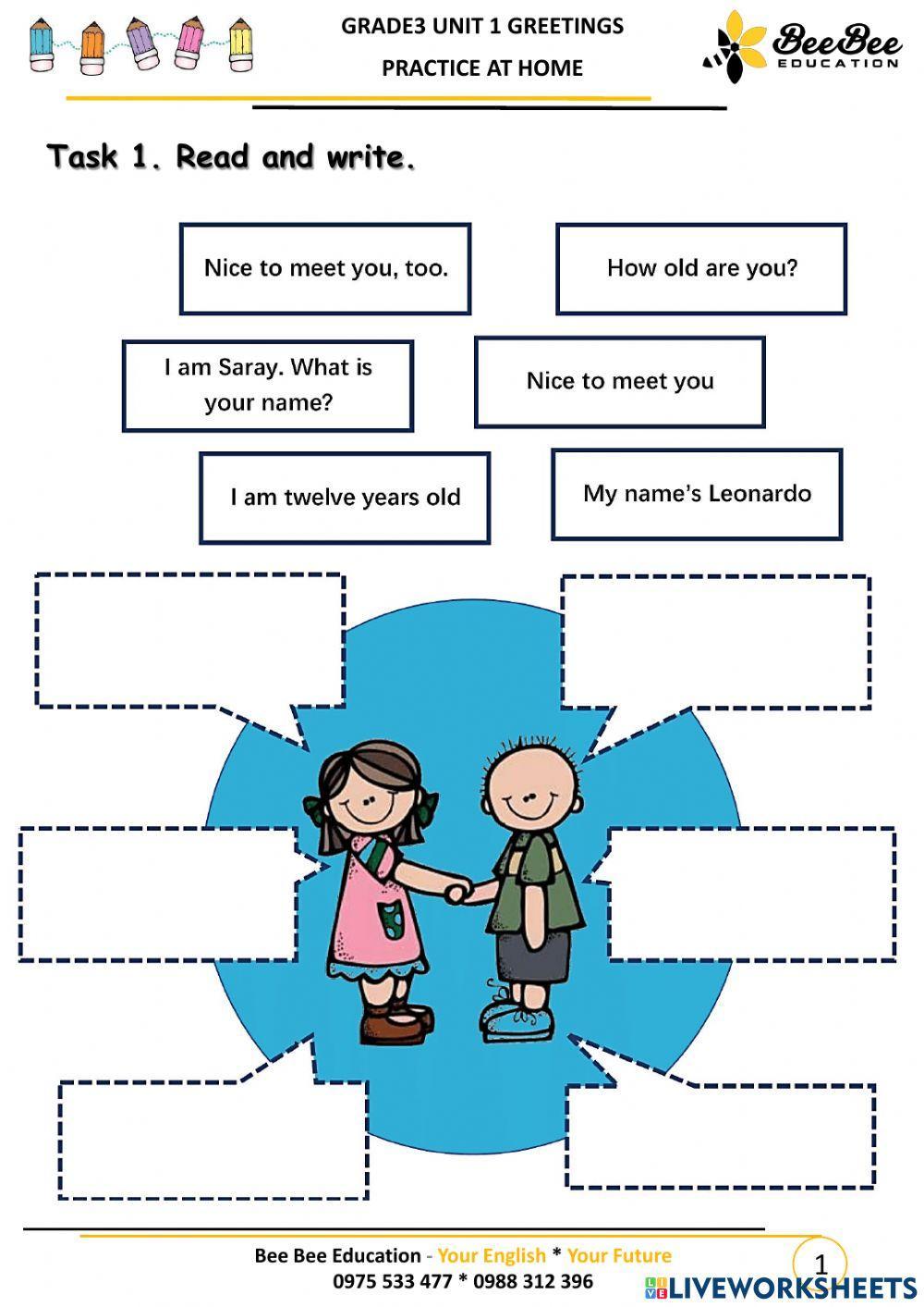 Gr3.U1&2. Greeting practice at home worksheet | Live Worksheets