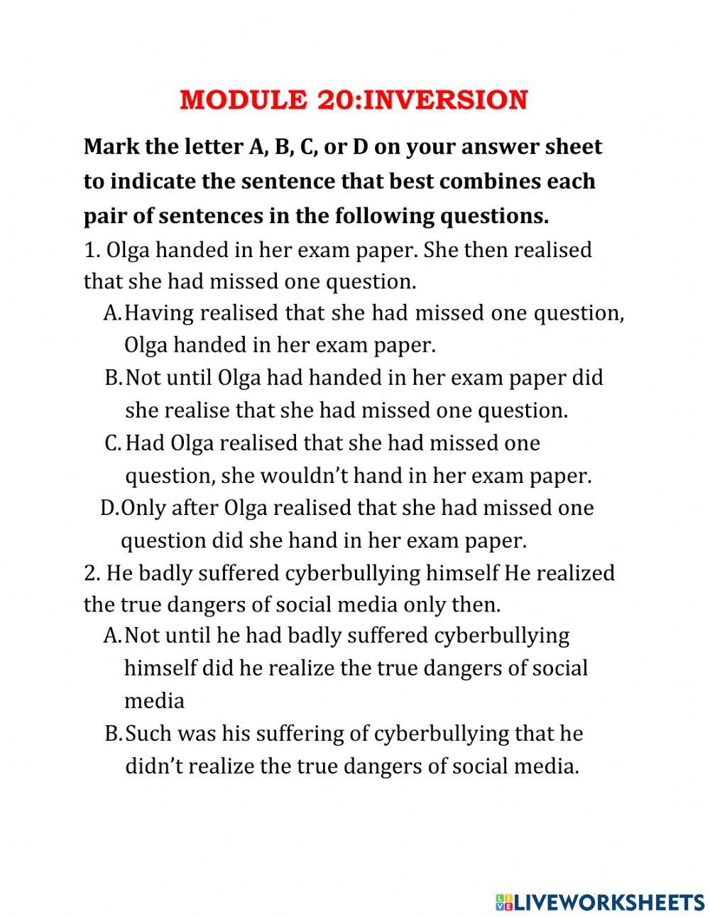 MODULE 20:INVERSION worksheet | Live Worksheets