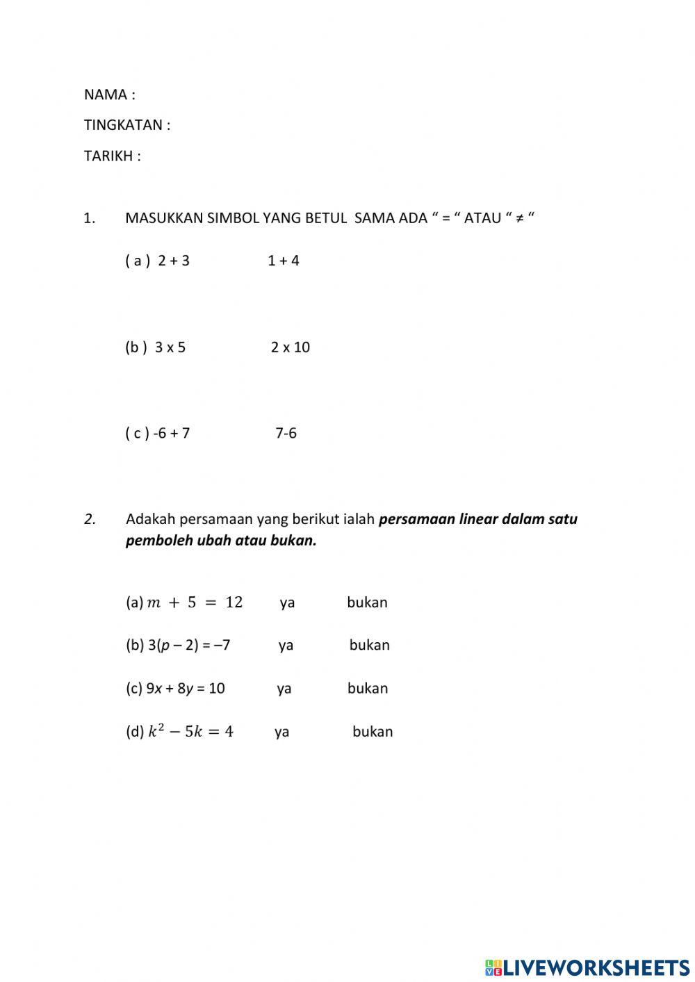 Persamaan Linear Matematik Tingkatan 1| Bab 6: Persamaan Linear | Part