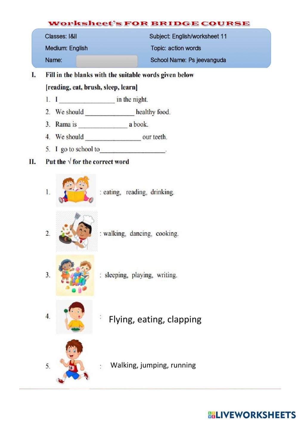Action words ,word building worksheet | Live Worksheets
