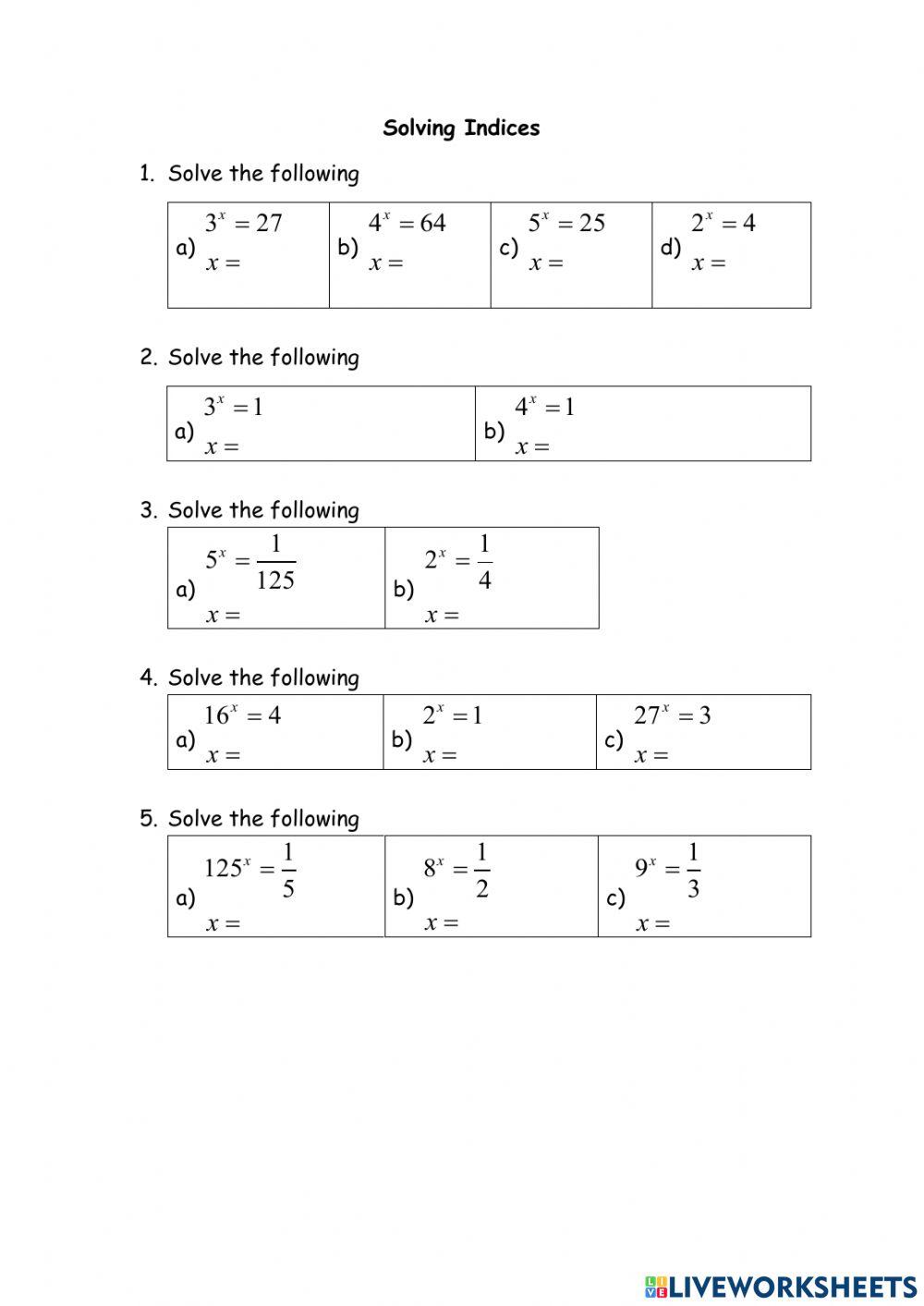 Solving indices online exercise for | Live Worksheets