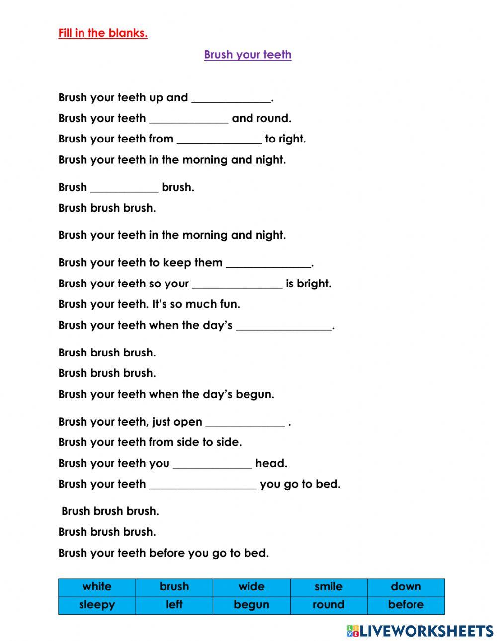 Brush your teeth exercise | Live Worksheets