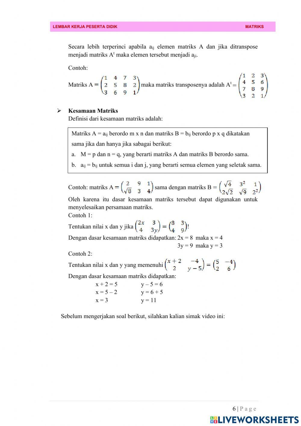 LKPD Matriks 1 interactive worksheet | Live Worksheets