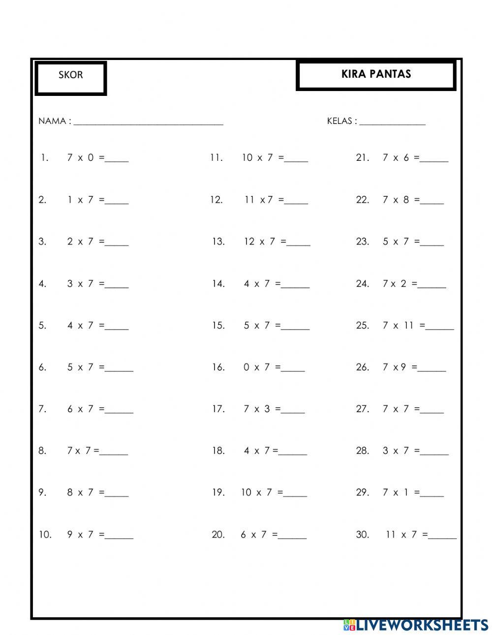 Kira pantas sifir 7 worksheet | Live Worksheets