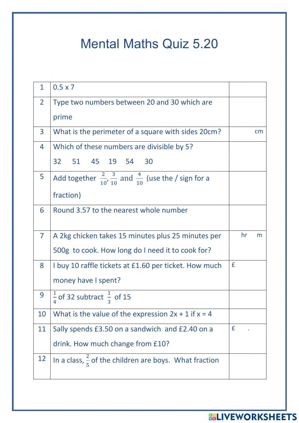 Mental Maths 5.20 worksheet | Live Worksheets
