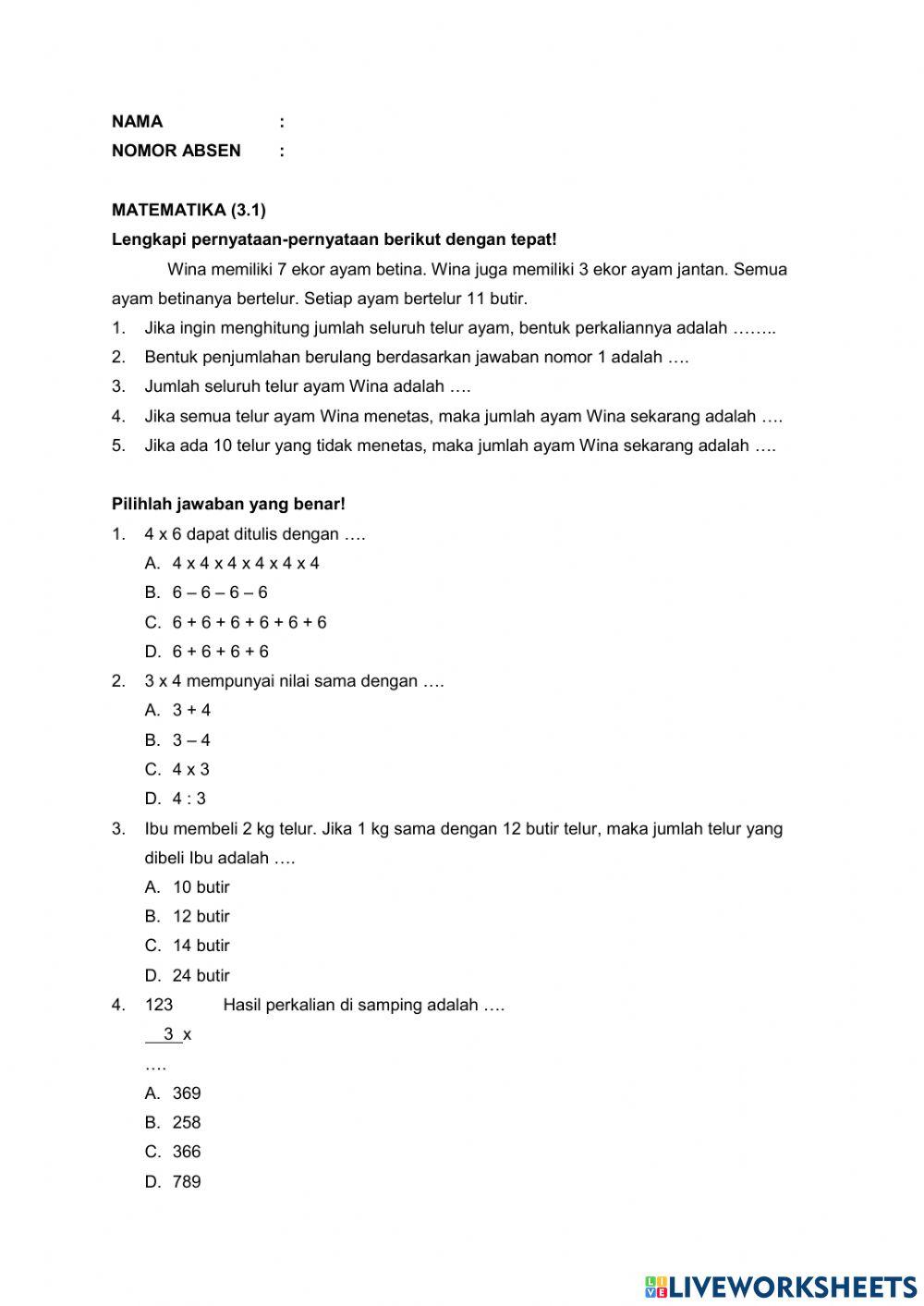 Pdf online activity: Perkalian | Live Worksheets