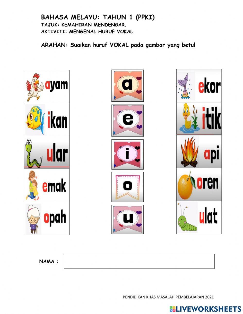 Huruf vokal online worksheet for TAHUN 1 | Live Worksheets