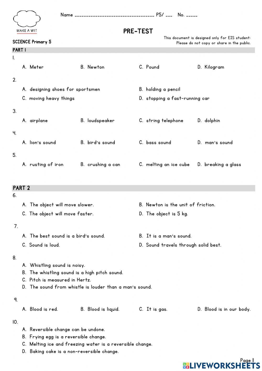 EIS P5 Pre-test Science by Teacher Gym worksheet | Live Worksheets
