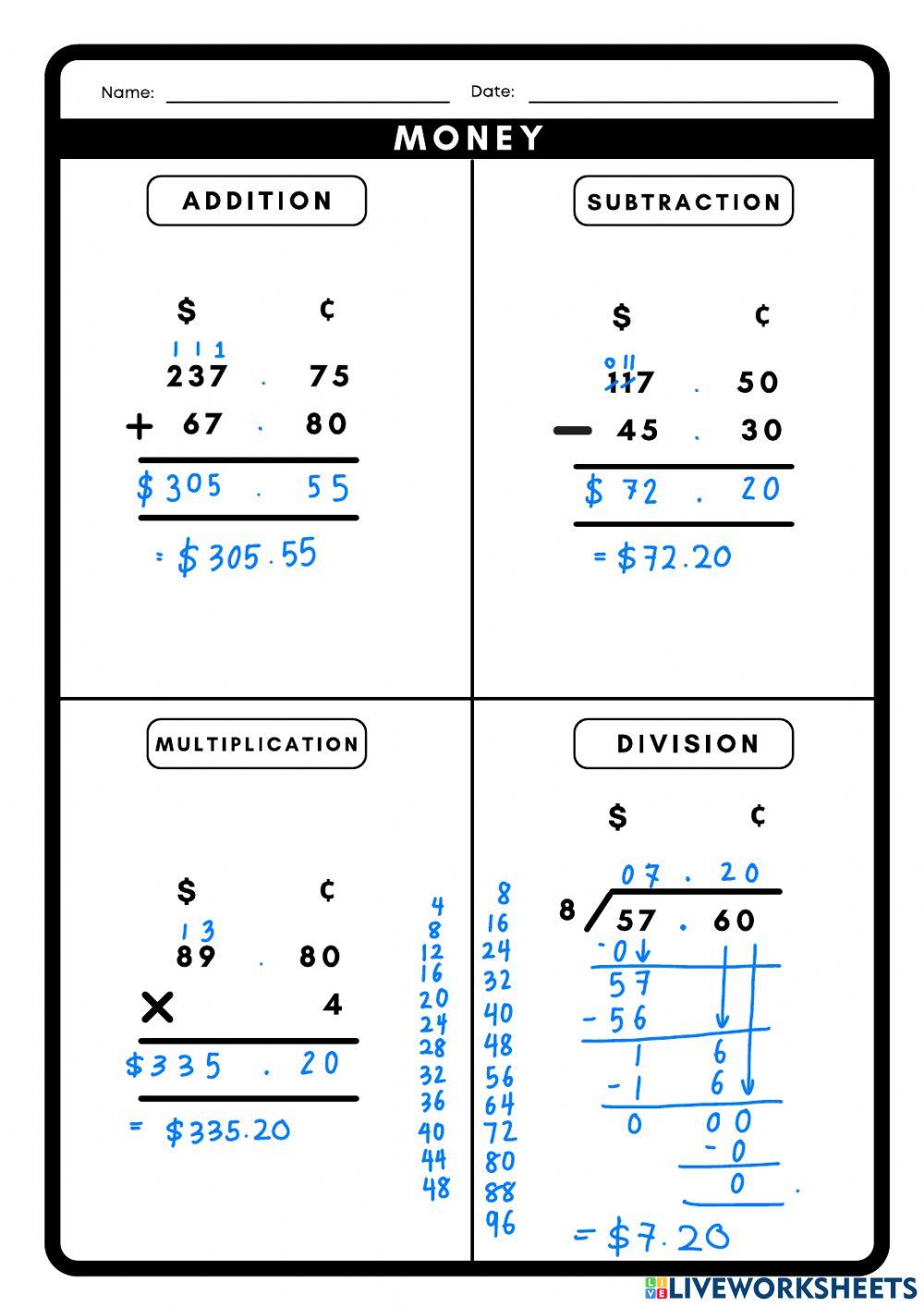 Revision on operations with Money worksheet | Live Worksheets