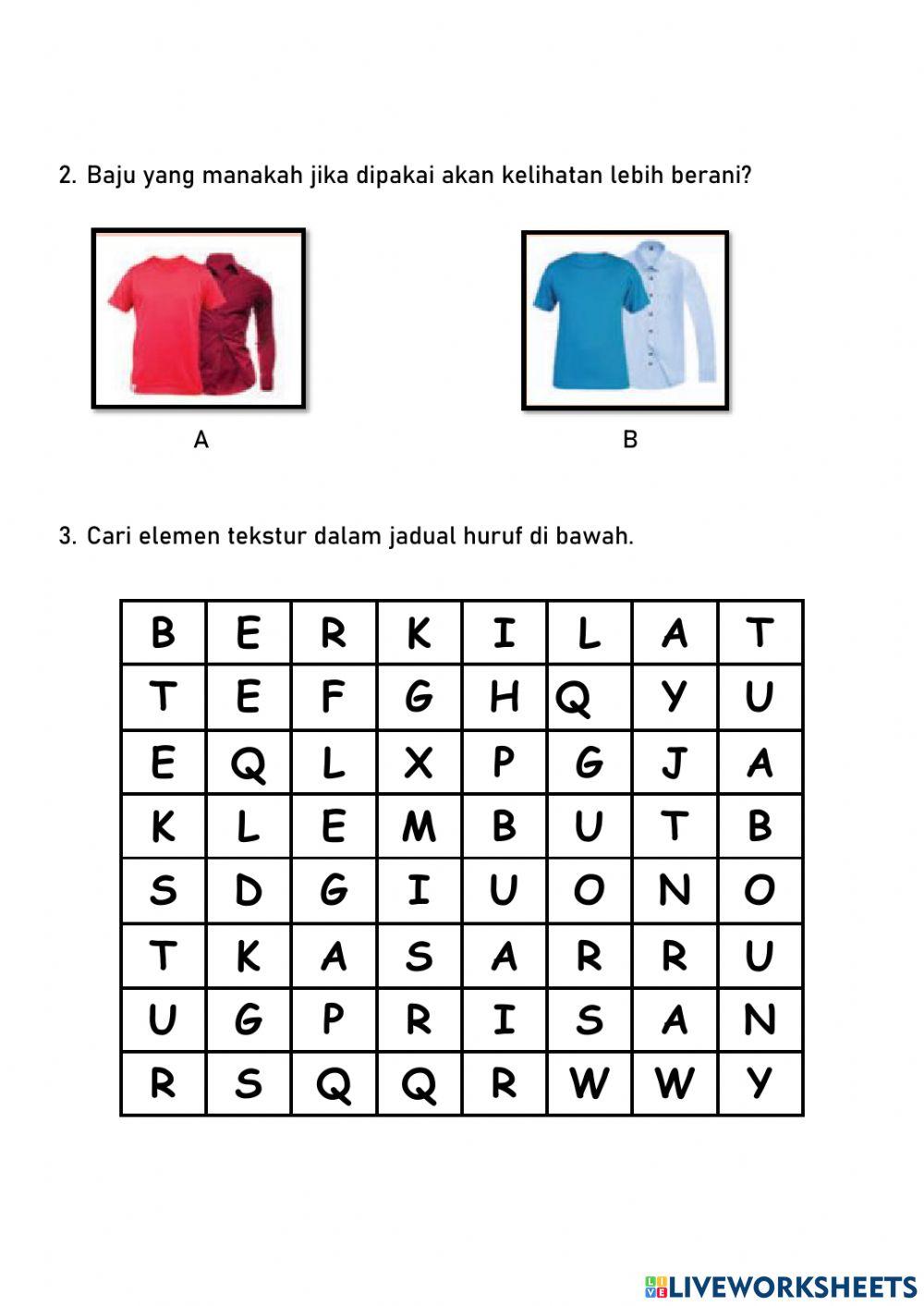 Rbt t1 5.2.5 tekstur dan warna worksheet | Live Worksheets