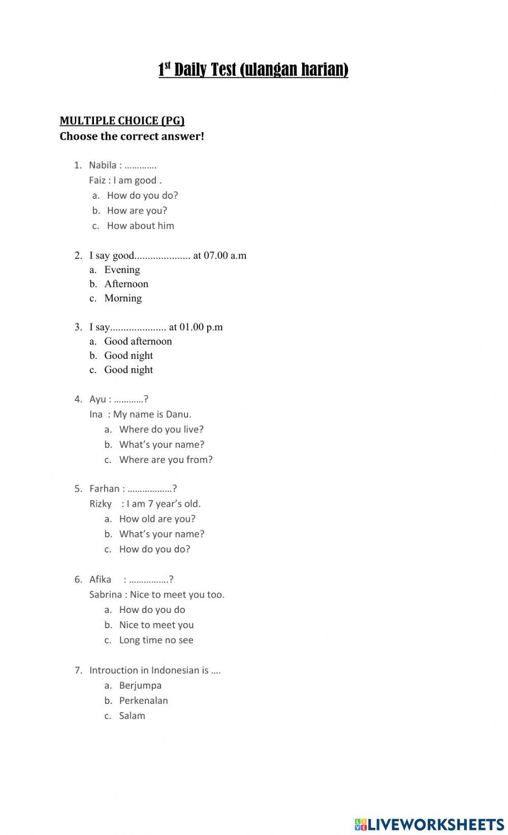 1243260 | Daily Test | Felinda Yohanis | LiveWorksheets