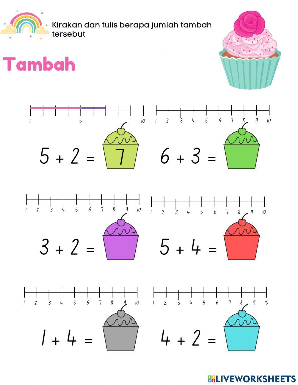 Tambah 1 hingga 10 worksheet | Live Worksheets