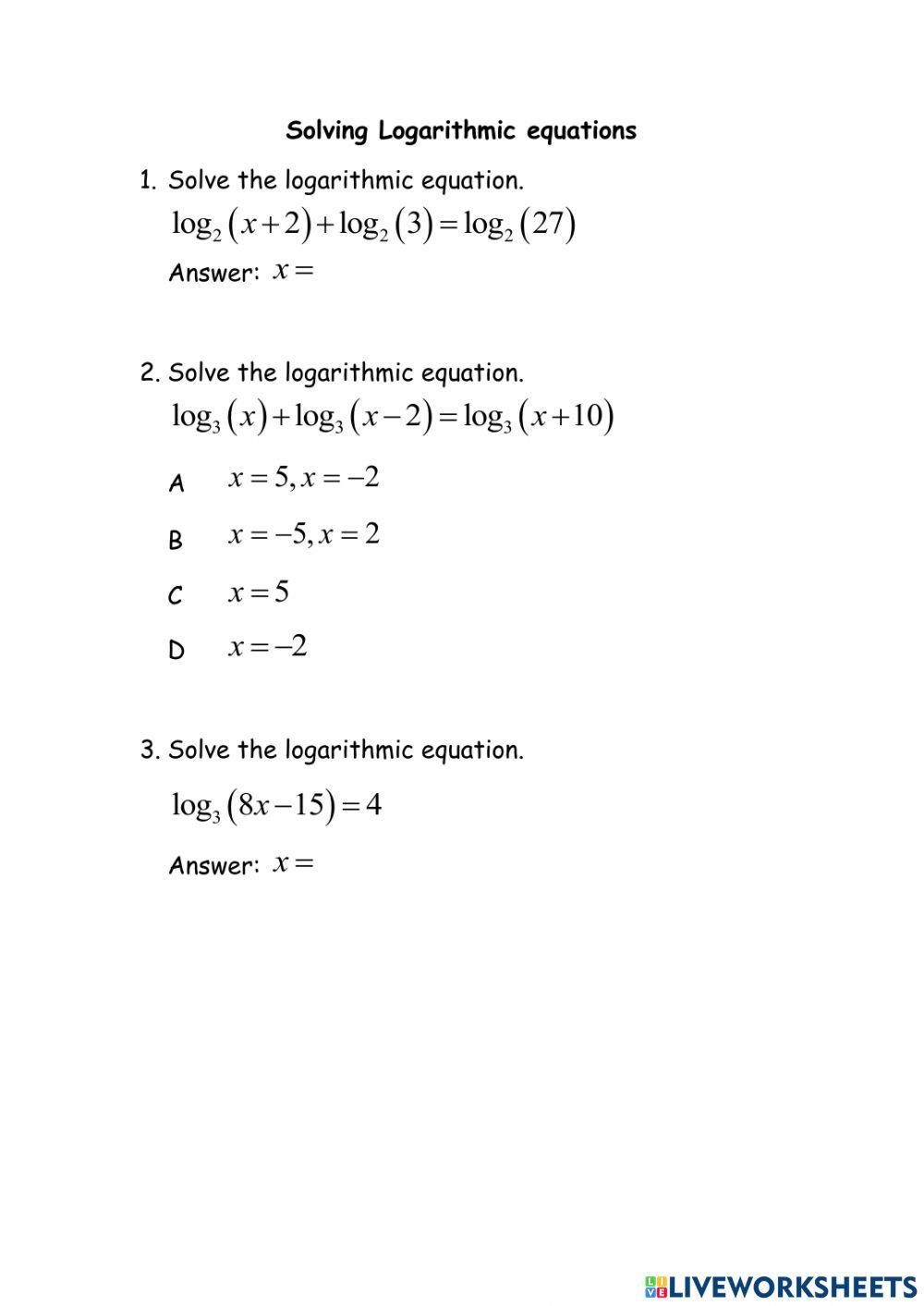 logarithmic equations worksheet