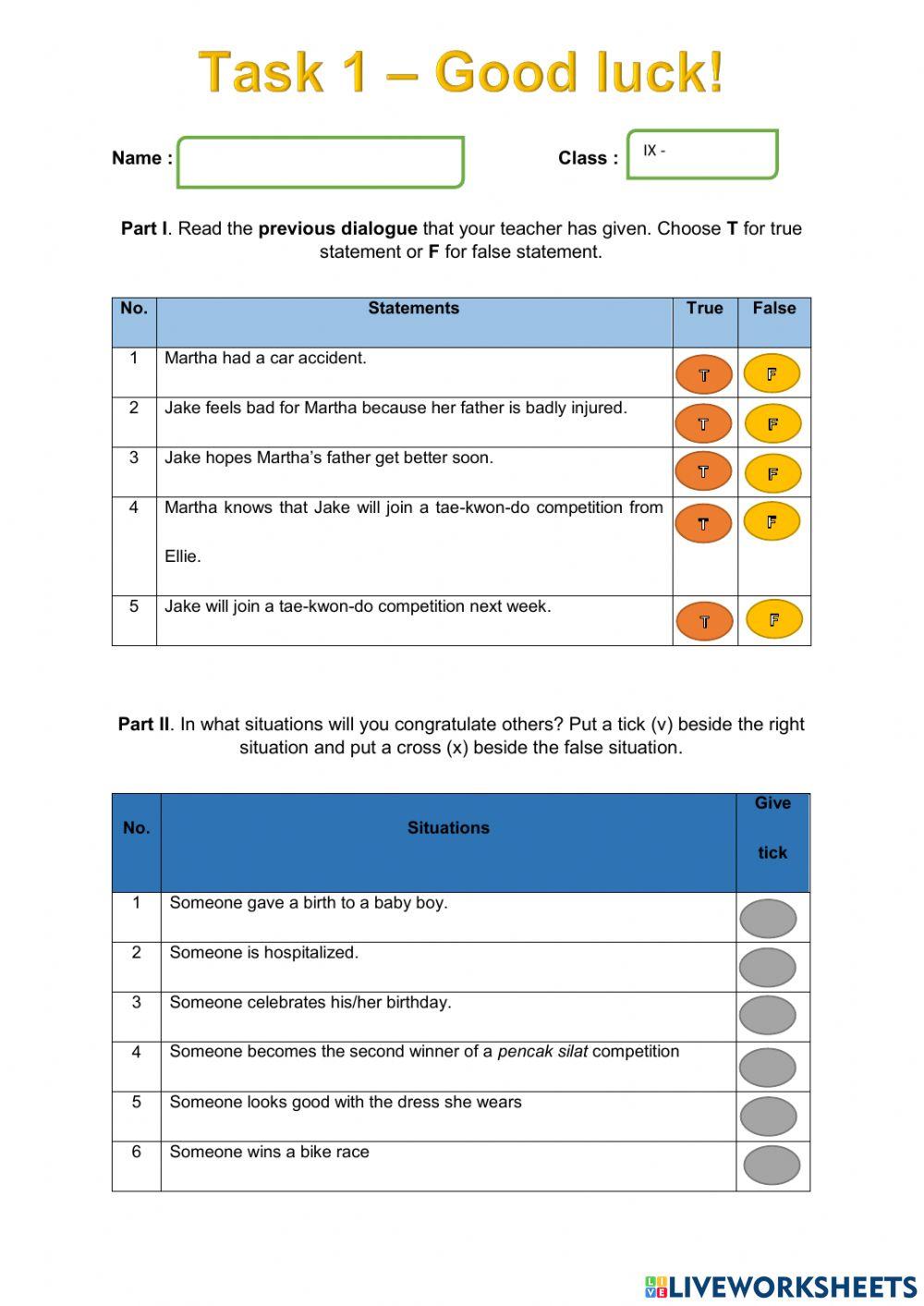 Task 1 - Unit Good luck worksheet | Live Worksheets