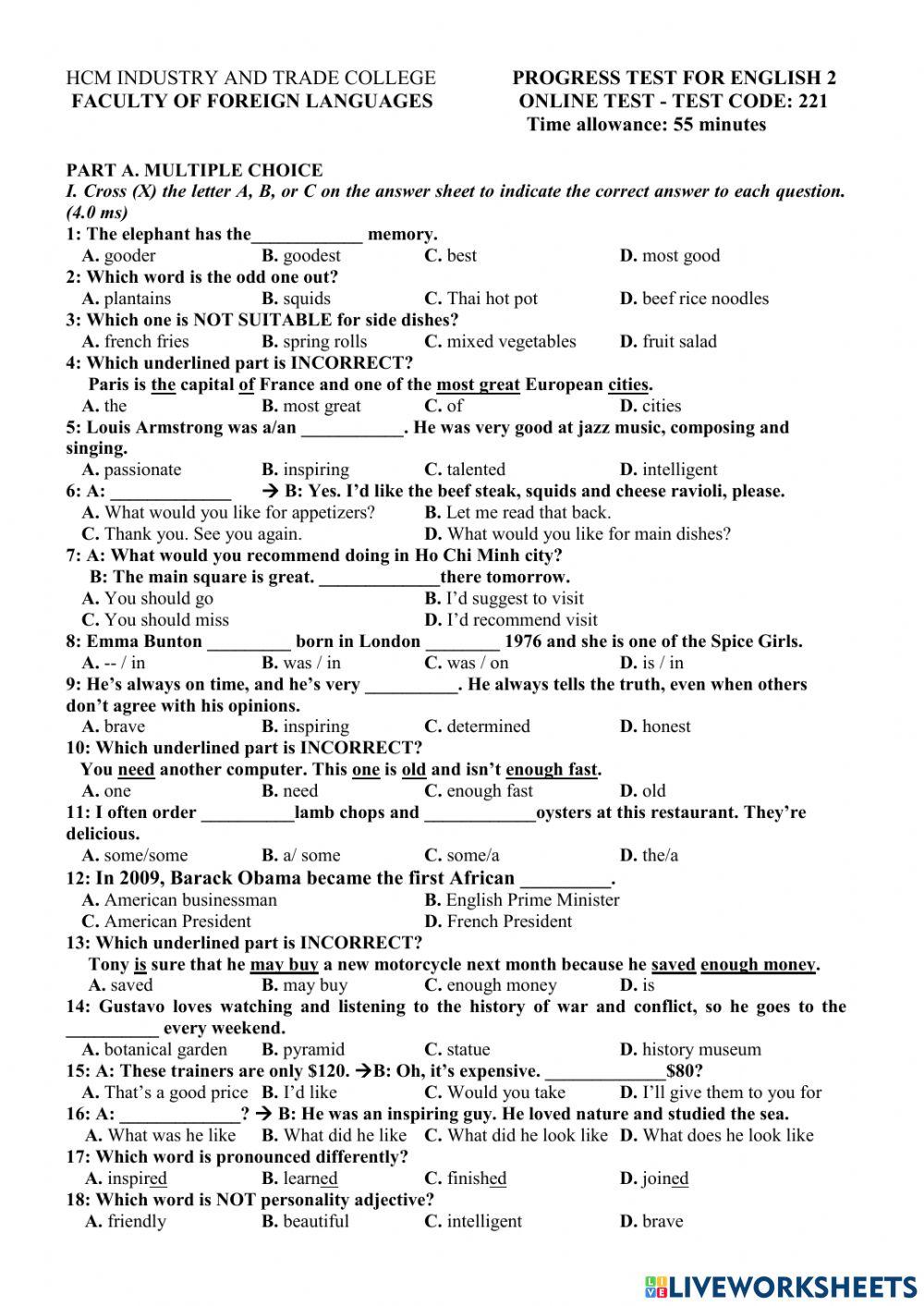 Final test English 2-2-summer term | Nguyen Thi Xuan