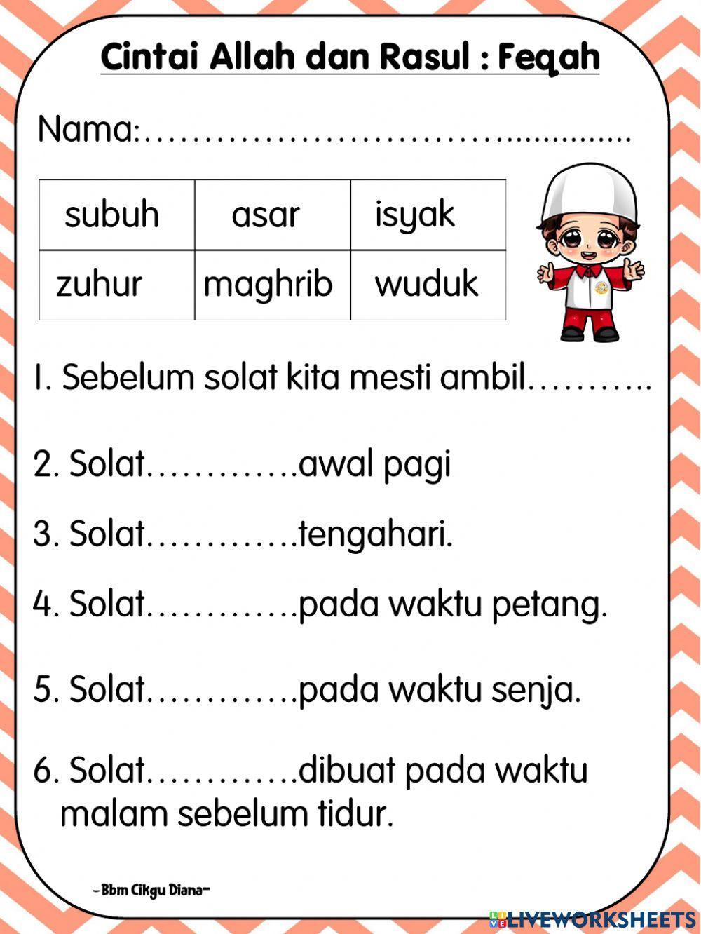 Waktu solat Pendidikan Islam exercise | Live Worksheets