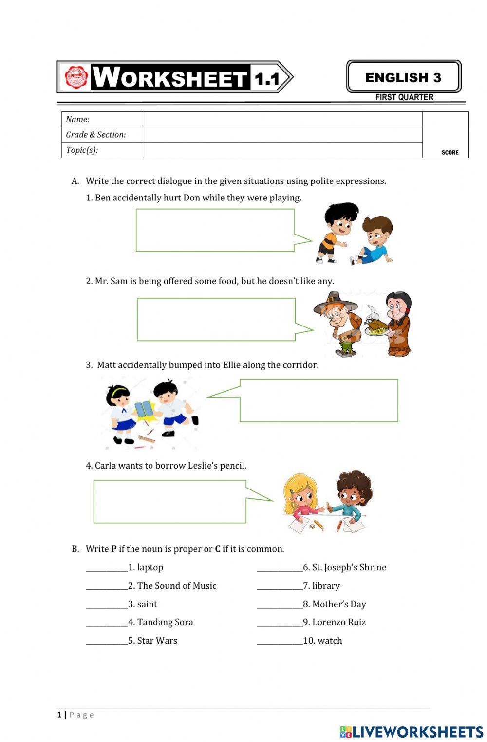 Eng.3-WORKSHEET 1.1 worksheet | Live Worksheets