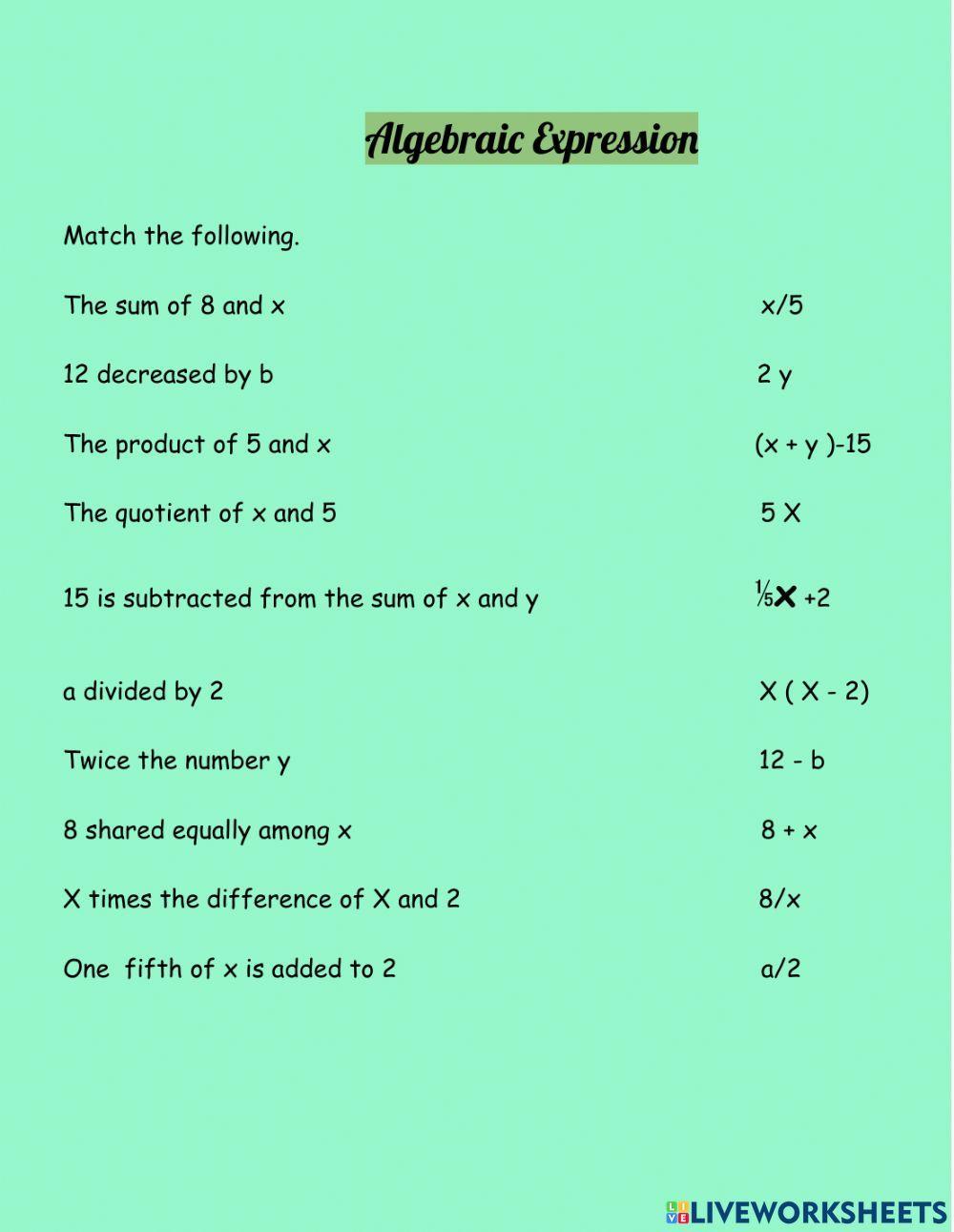 Algebraic expre… | Free Interactive Worksheets | 1245541