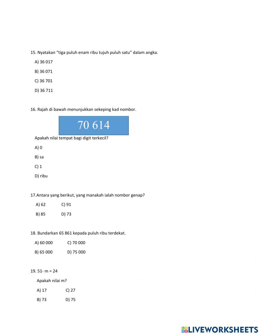 MATEMATIK TAHUN 4 KERTAS 1 backup worksheet | Live Worksheets
