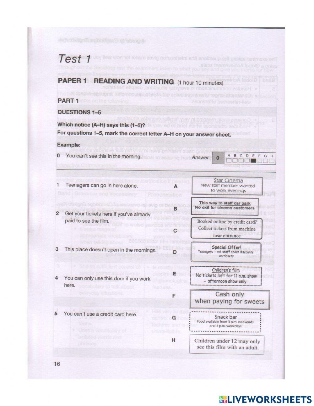 KET - Reading - 7-1 worksheet | Live Worksheets